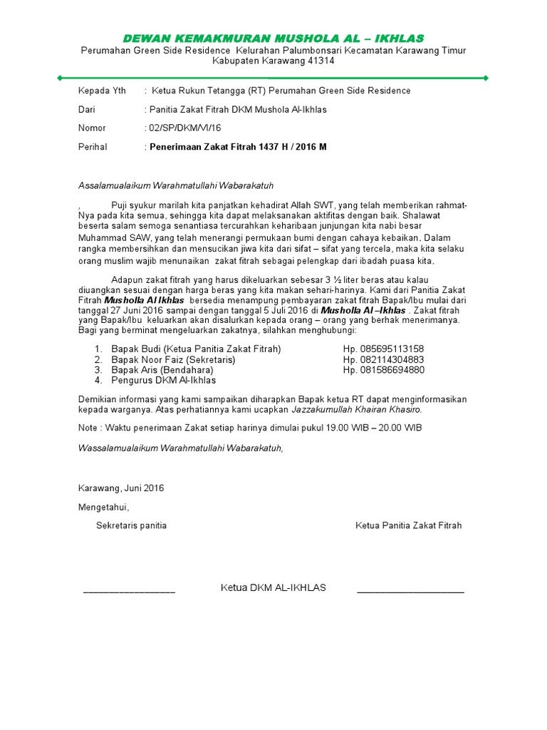 Surat Pemberitahuan Zakat Fitrah | PDF