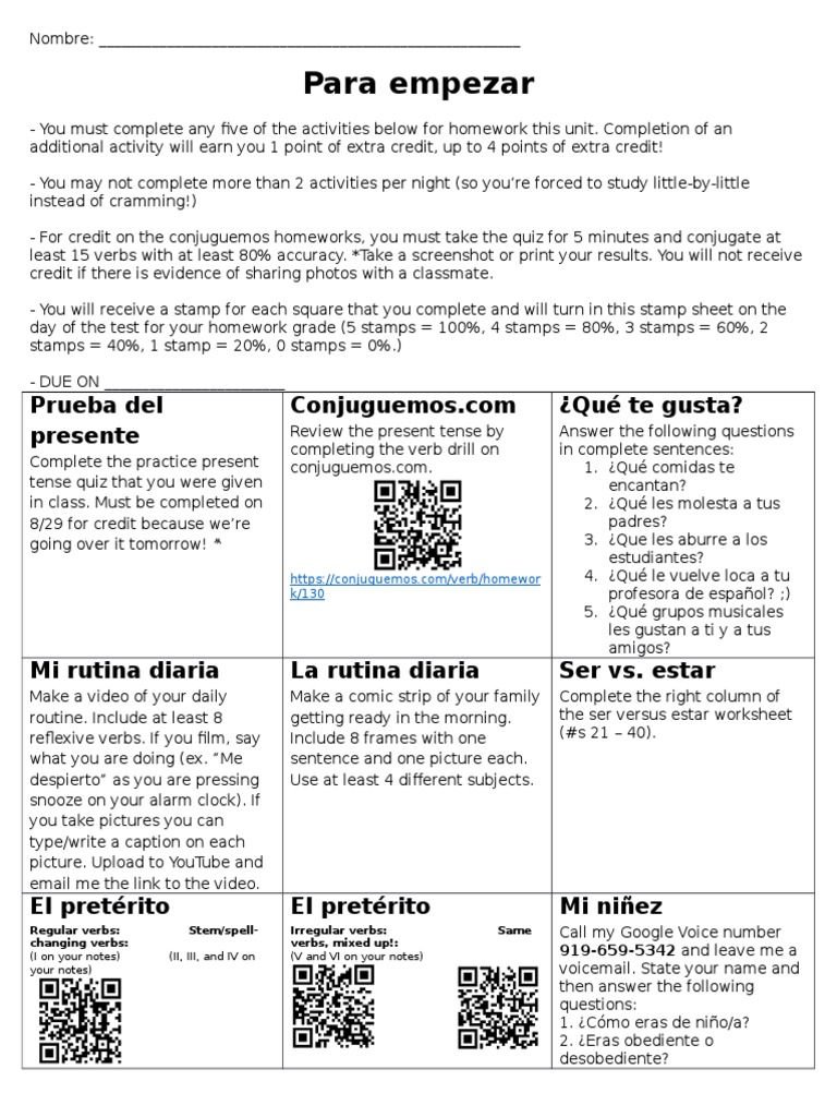 Spanish Homework Activities Guide | PDF