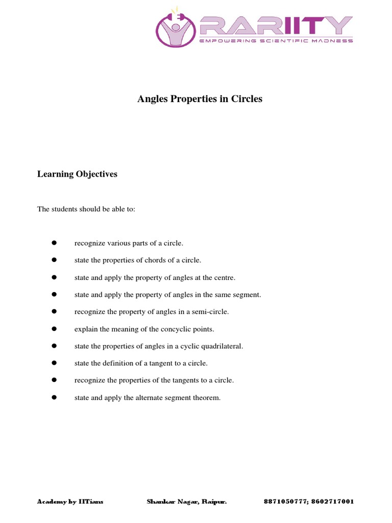 Angles Properties in Circles PDF | PDF | Circle | Angle