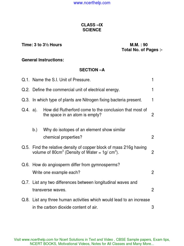 Class 9 Cbse Sample Paper Science Sa2 Downlaod | PDF | Mole (Unit) | Atoms