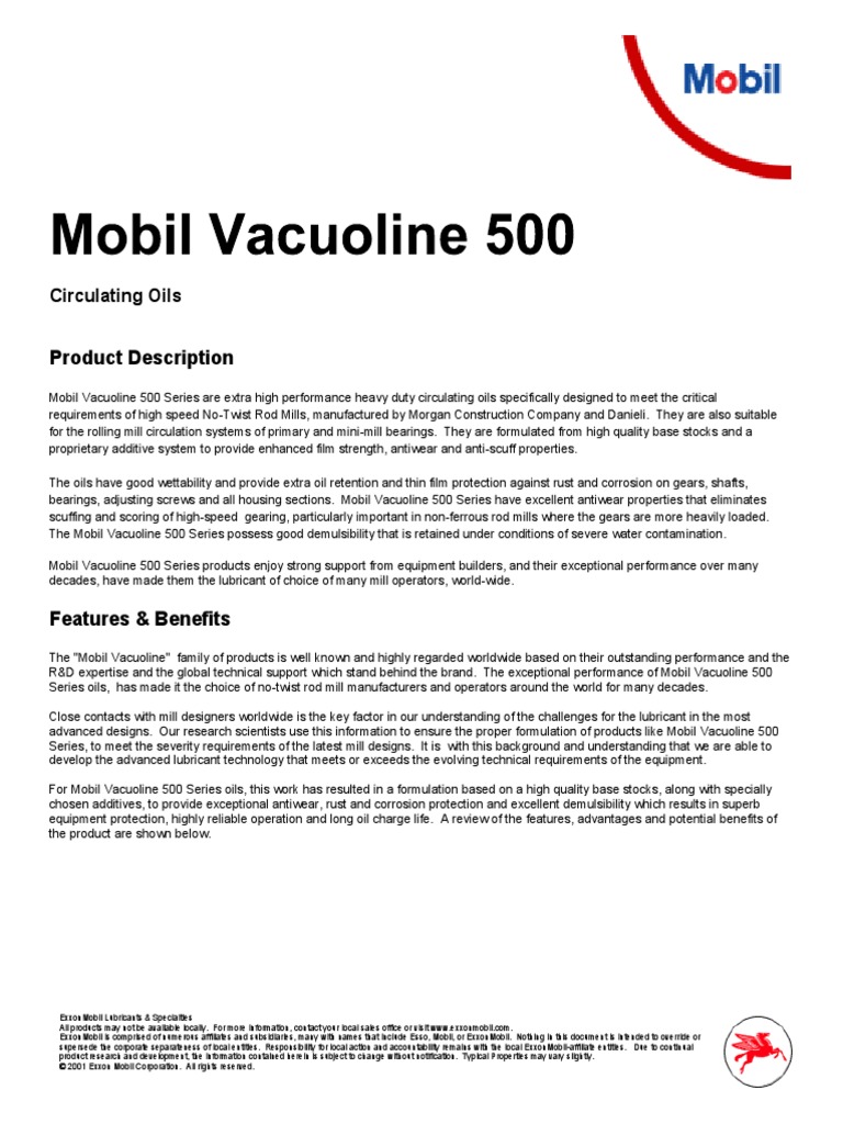 Mobil Vacuoline 500 Series | PDF | Exxon Mobil | Lubricant