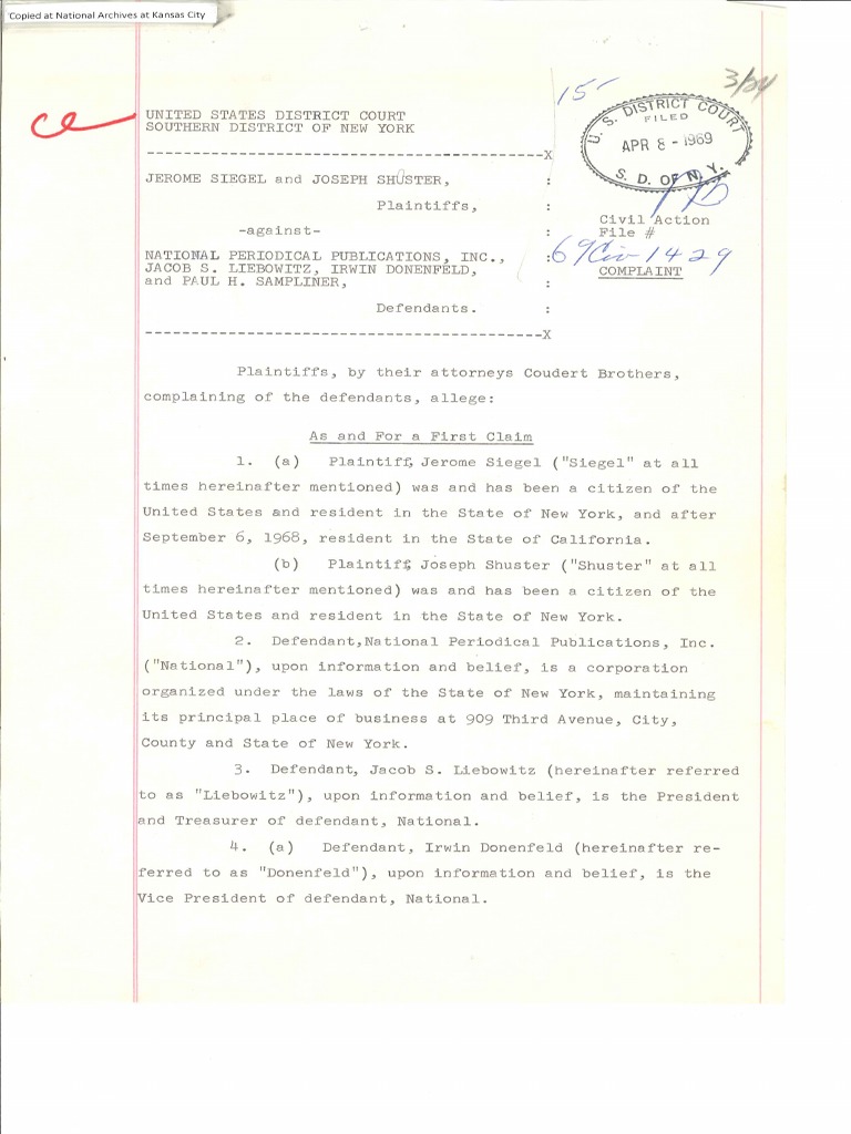 Plaintiffs' Complaint From Jerome Siegel and Joe Shuster v. National ...