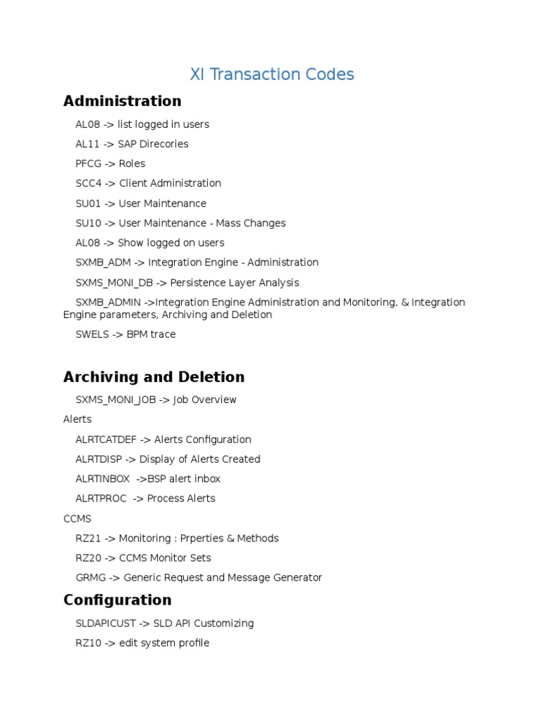 XI Transaction Codes | PDF | Directory (Computing) | Software Engineering