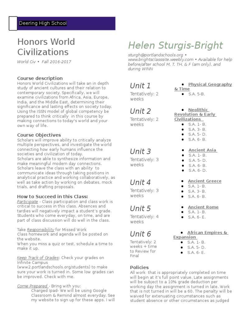 Honors World Civilizations Course Guide | PDF | Homework | Civilization