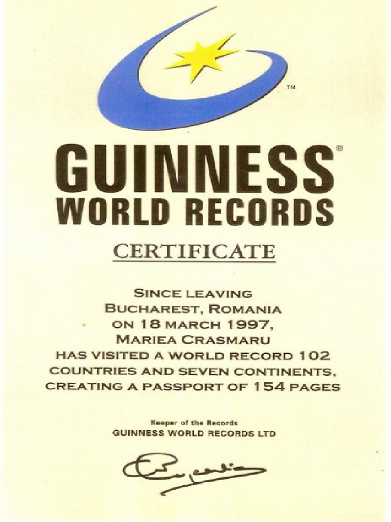 Mariea Crasmaru - Guinness World Record Certificate | PDF