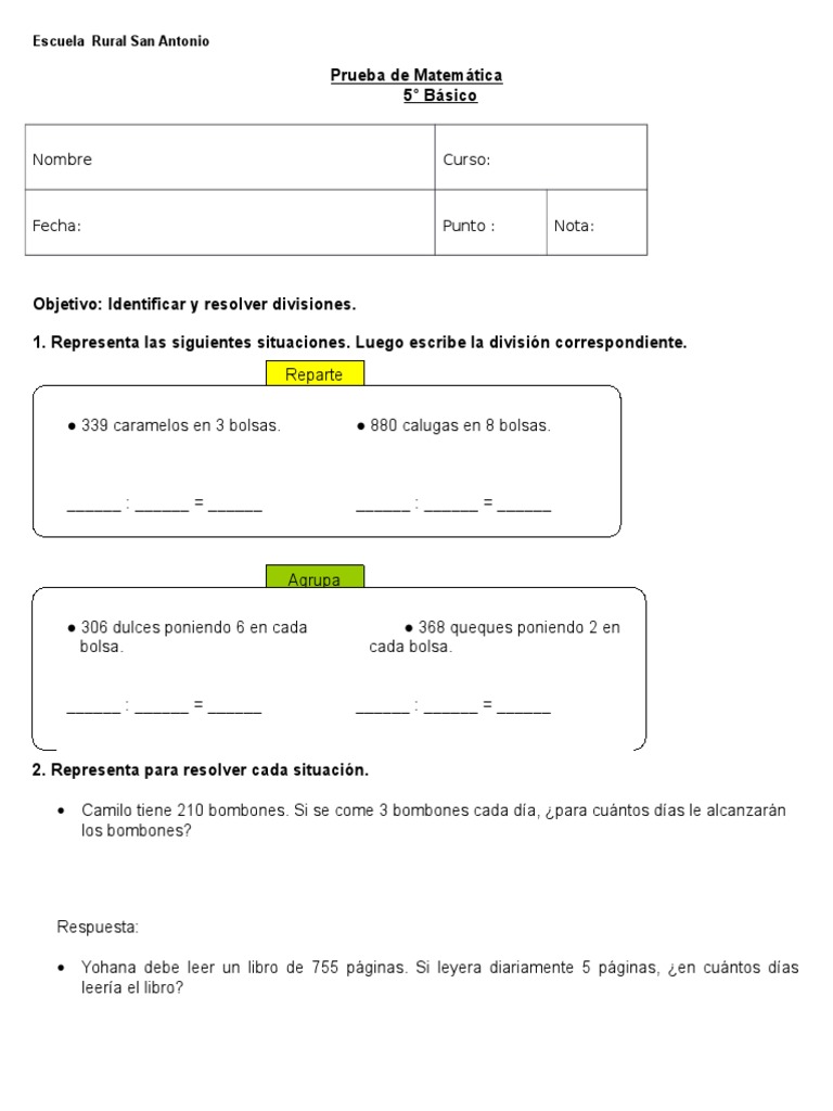 Prueba de Matemática 5° Básico Junio | PDF