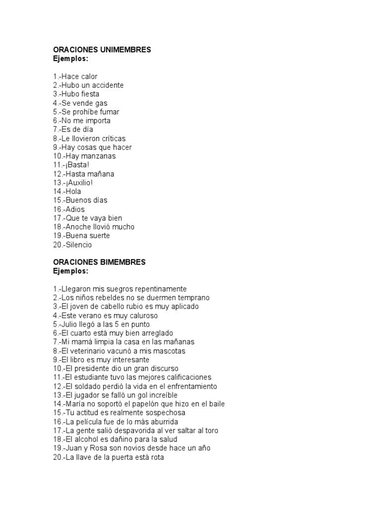 Oraciones Unimembres