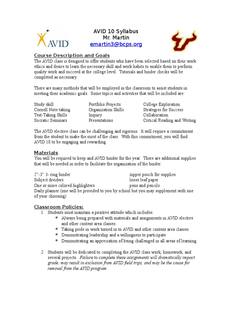 Avid 10 Syllabus | Download Free PDF | Syllabus | Homework