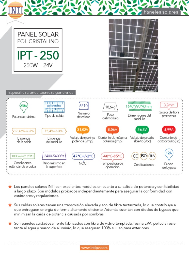 Datasheet Panel Solar INTI 250w. | PDF