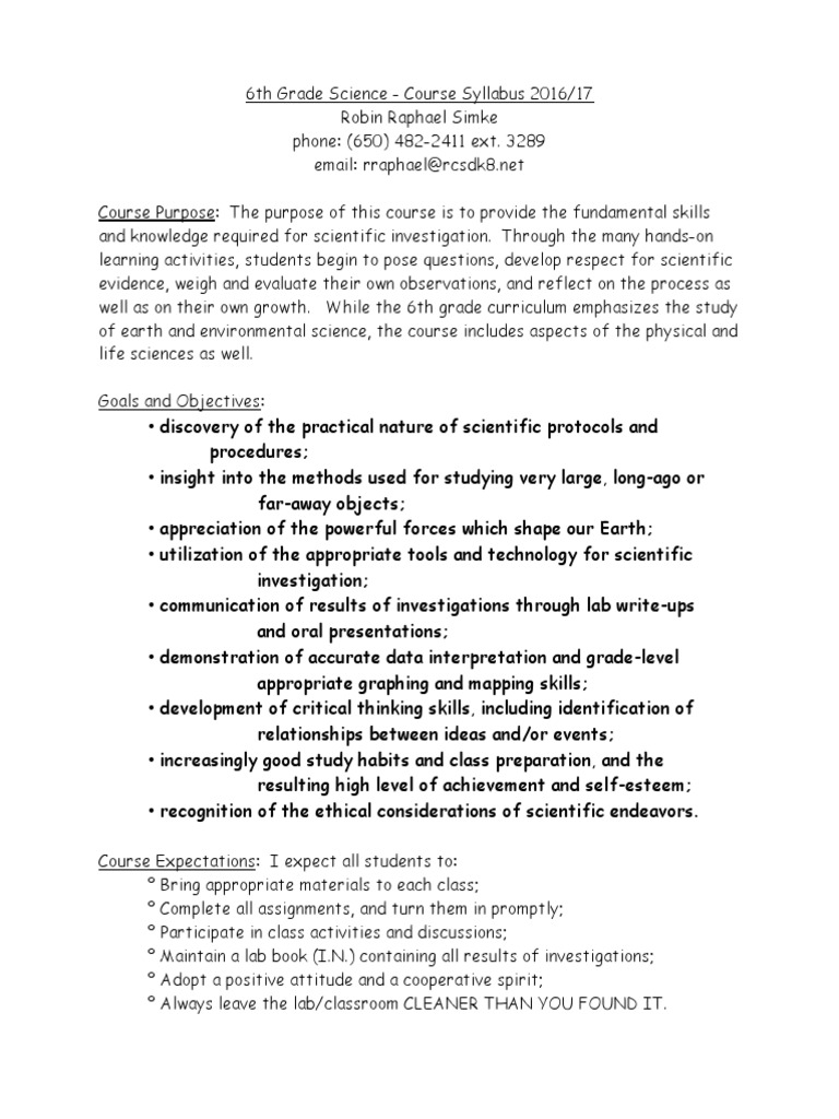 6th Grade Science Syllabus | PDF | Homework | Scientific Method