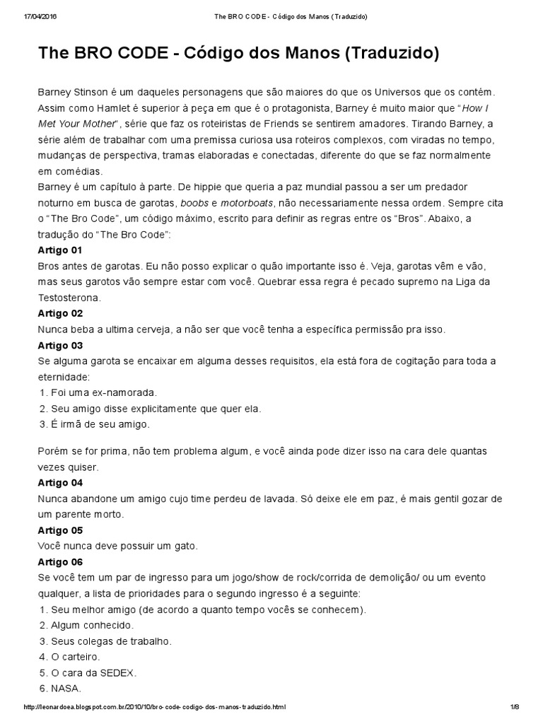 The BRO CODE - Código Dos Manos (Traduzido) | PDF