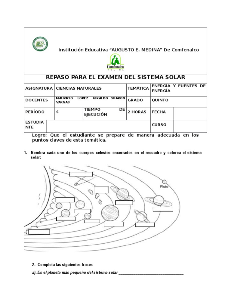 Repaso Para El Examen Del Sistema Solar | Sistema solar | Planetas