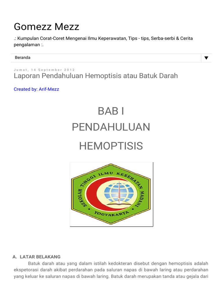 Gomezz Mezz: Laporan Pendahuluan Hemoptisis Atau Batuk Darah PDF | PDF