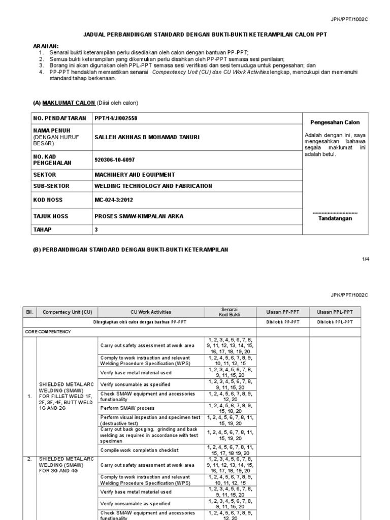 L12 - Jadual Perbandingan Standard Dengan Bukti Keterampilan | PDF