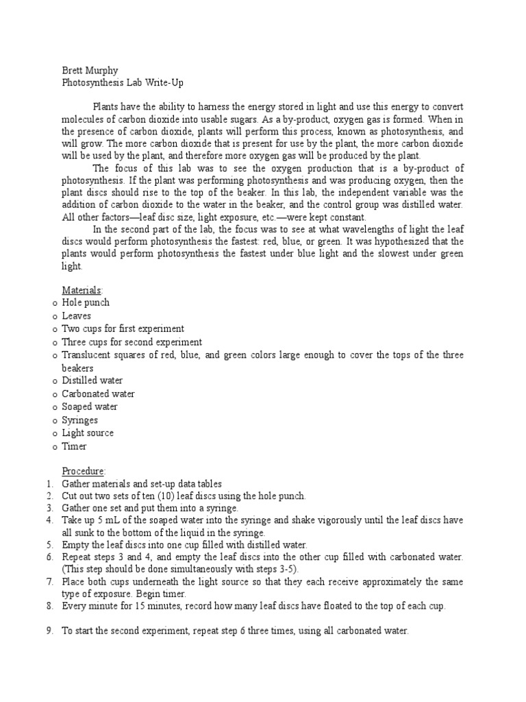 Photosynthesis Lab Write Up | Download Free PDF | Photosynthesis | Oxygen