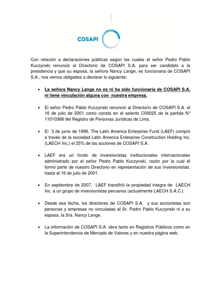 COMUNICADO - Cosapi | PDF