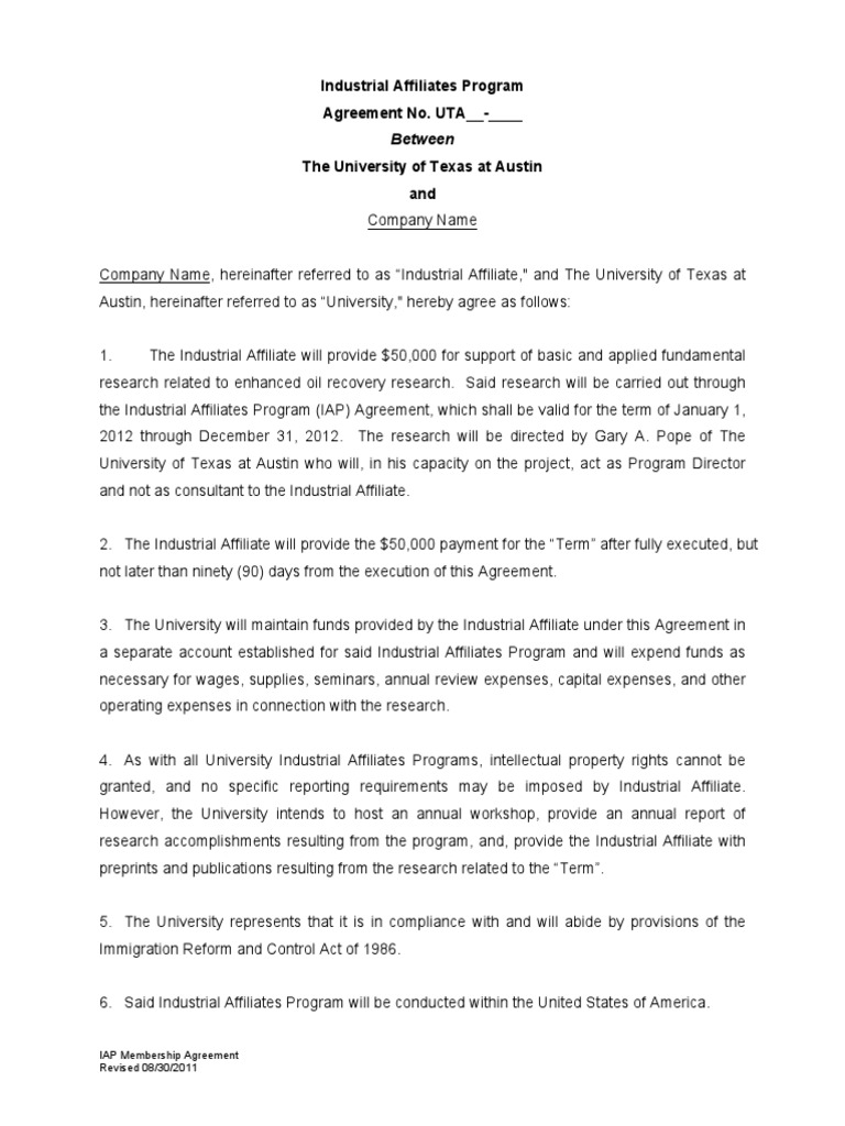 Industrial Affiliates Program Agreement No. UTA - : Between | PDF ...