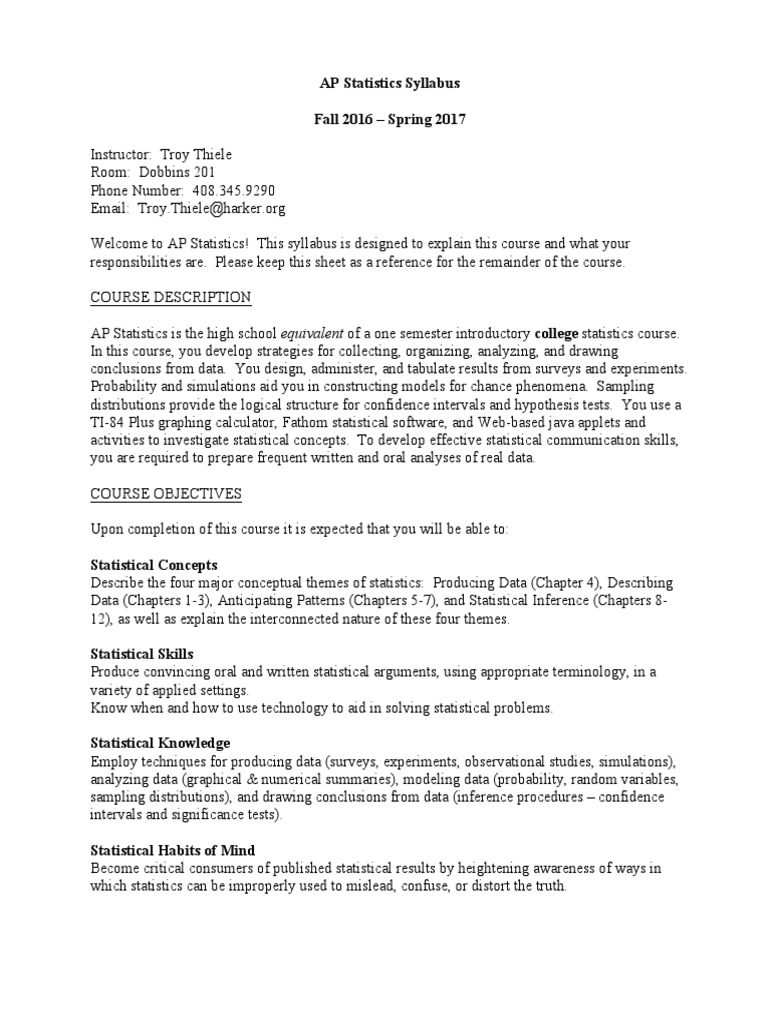 AP Statistics Syllabus Fall 2016 - Spring 2017 | PDF
