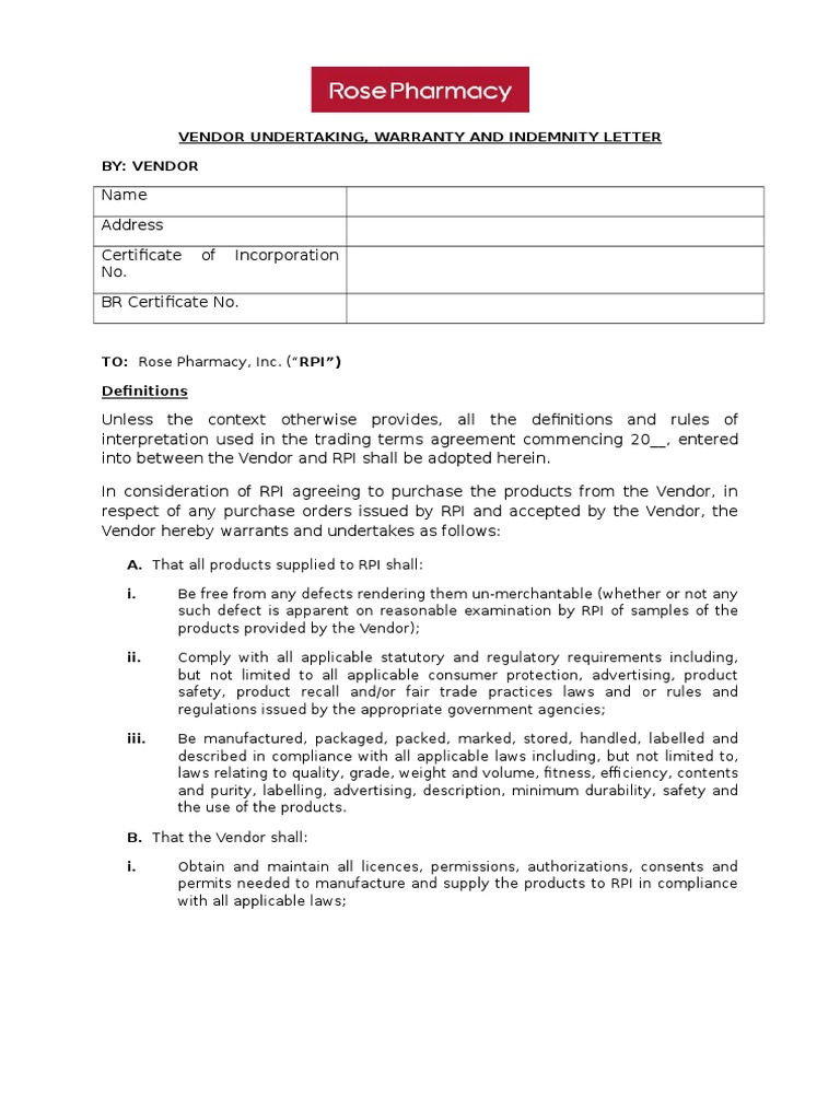 _Supplier Undertaking Warranty and Indemnity Letter 19Jan2016 ...