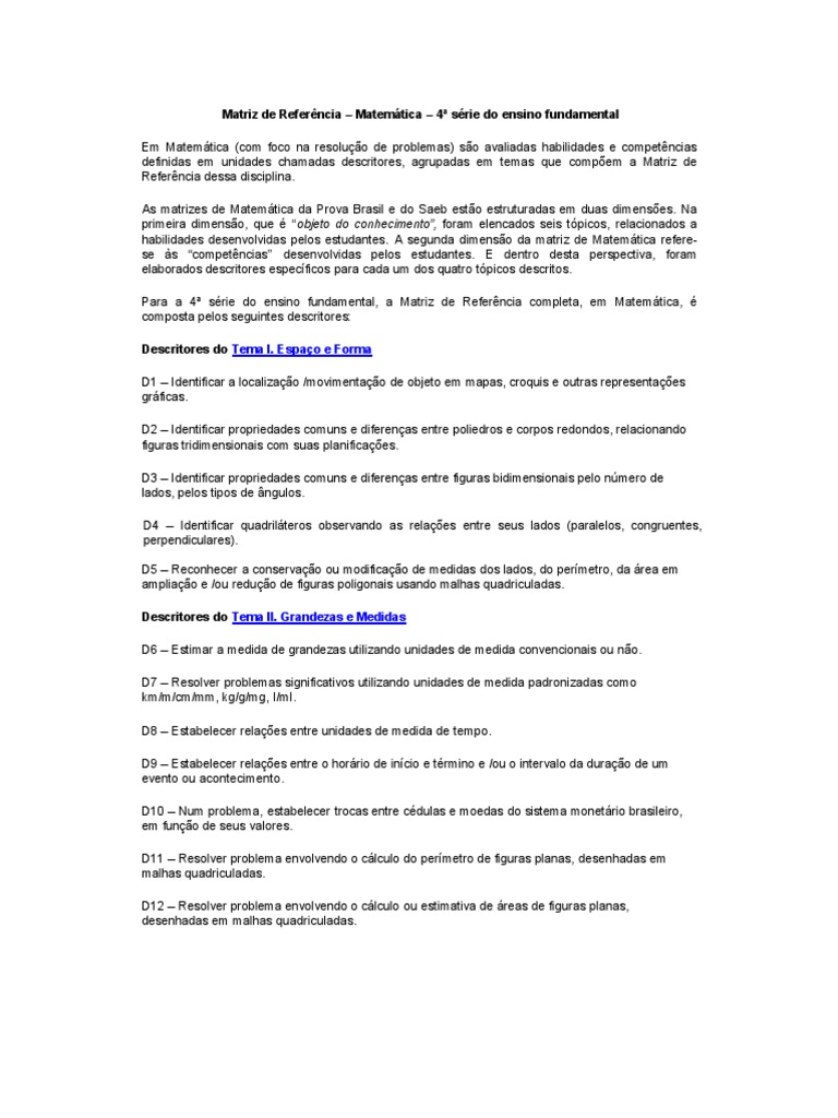 Matriz de Referencia Mat 5o Ano | PDF | Decimal | Número racional Matriz de Referencia Mat 5o Ano | PDF | Decimal | Número racional