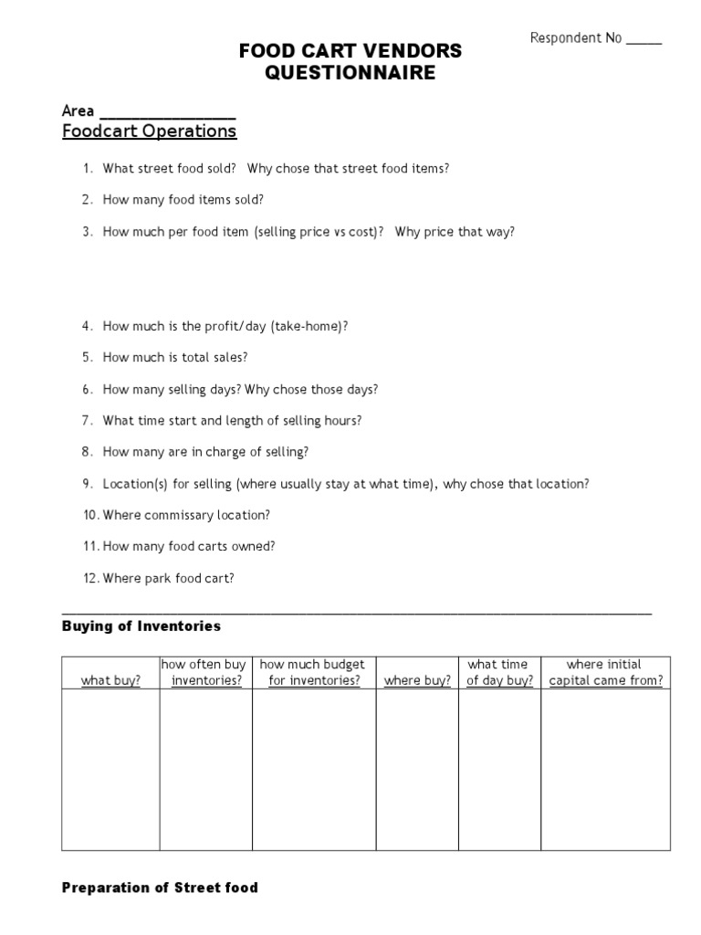 Street Food Vendor Questionnaire Guide | PDF | Franchising | Sales