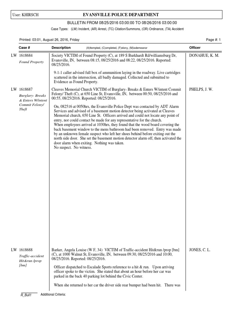 Evansville Police Bulletin - August 26, 2016 | PDF | Burglary | Common Law