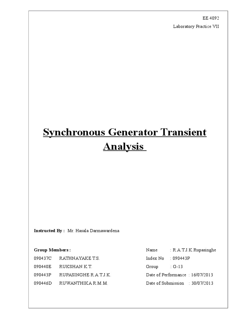 090443P - Synchronous Generator Transient Analysis | PDF | Steady State | Electric Current