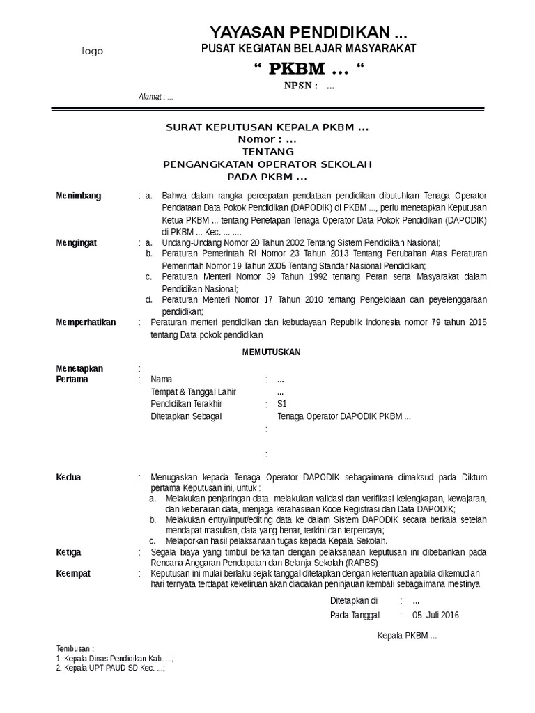 SK Operator Dapodik Paud Dikmas PKBM