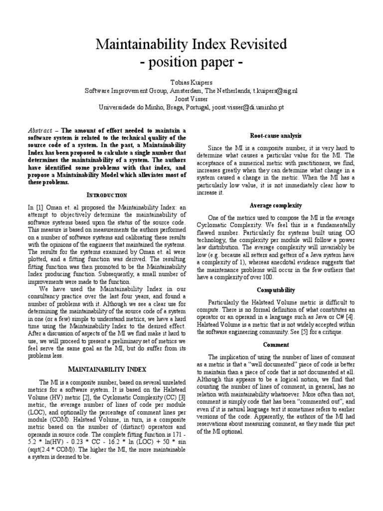 Maintainability Index Revisited Pdf Source Code Modular Programming