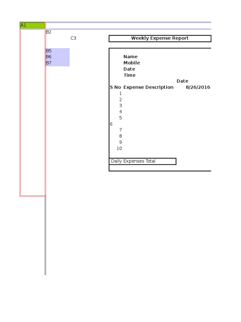 A1 B2 C3 B5 B6 B7: Weekly Expense Report | PDF | Microsoft Excel ...