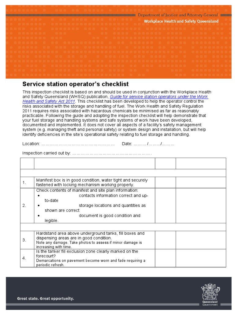 Service Station Operators Checklist | Filling Station | Dangerous Goods