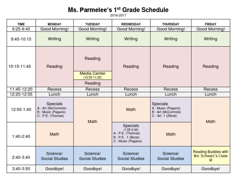 Ms. Parmelee's 1st Grade Weekly Schedule | PDF