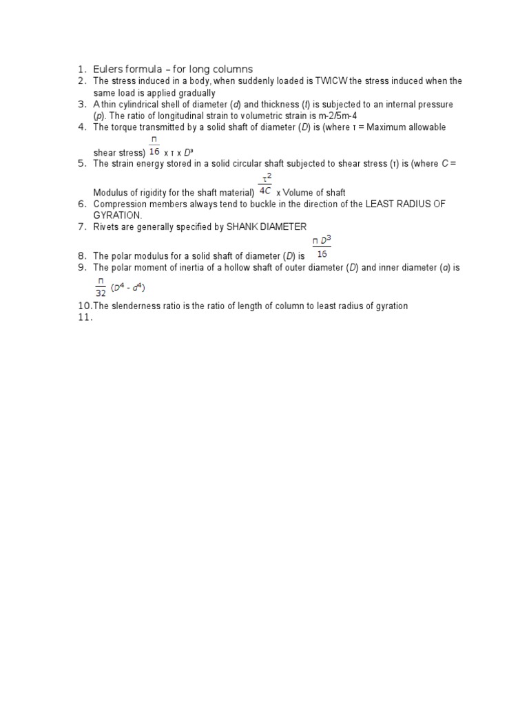 Eulers Formula - For Long Columns 2. 3. 4 | PDF