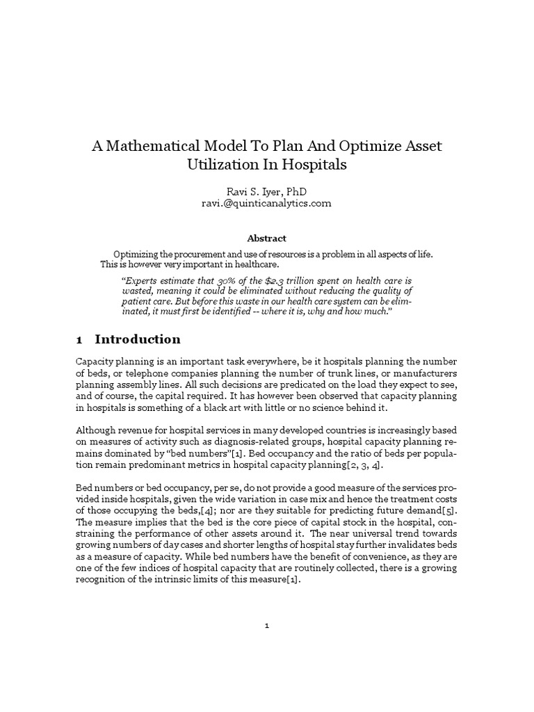 A Mathematical Model To Plan and Optimize Asset Utilization in Hospitals | Download Free PDF ...