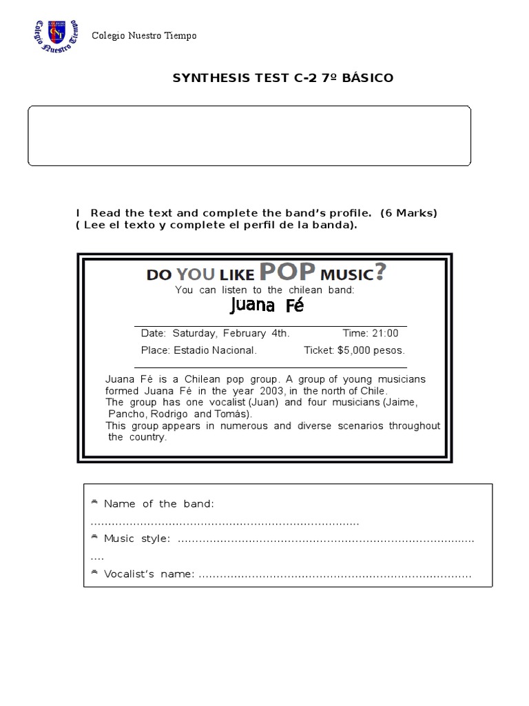 Synthesis Test C-2 7º Básico: Objective: To Evaluate The First Unit ...