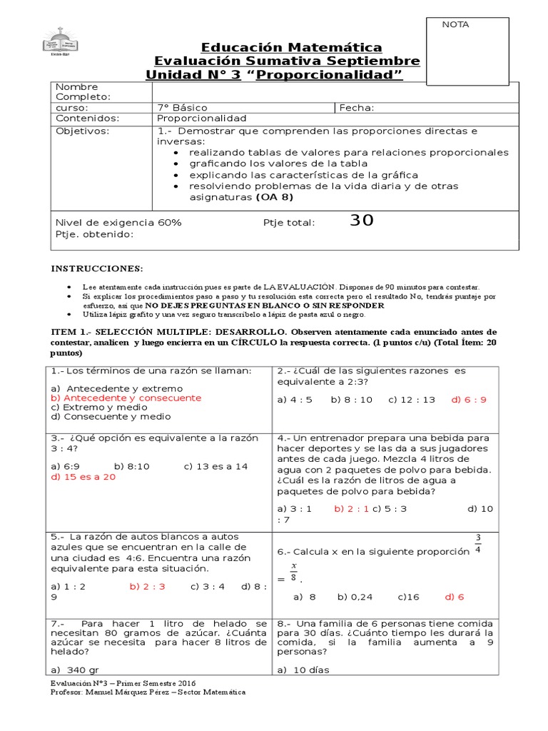 Prueba Septimo Mate Unidad 3 Proporcionalidad | Descargar gratis PDF ...