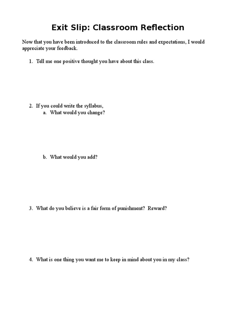 Classroom Reflection Exit Slip | PDF