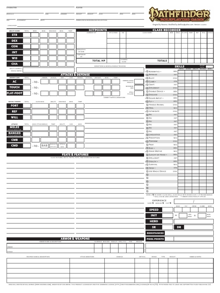 PF Character Sheet NonFill V1!0!2012 | PDF | Role Playing Games | Gaming
