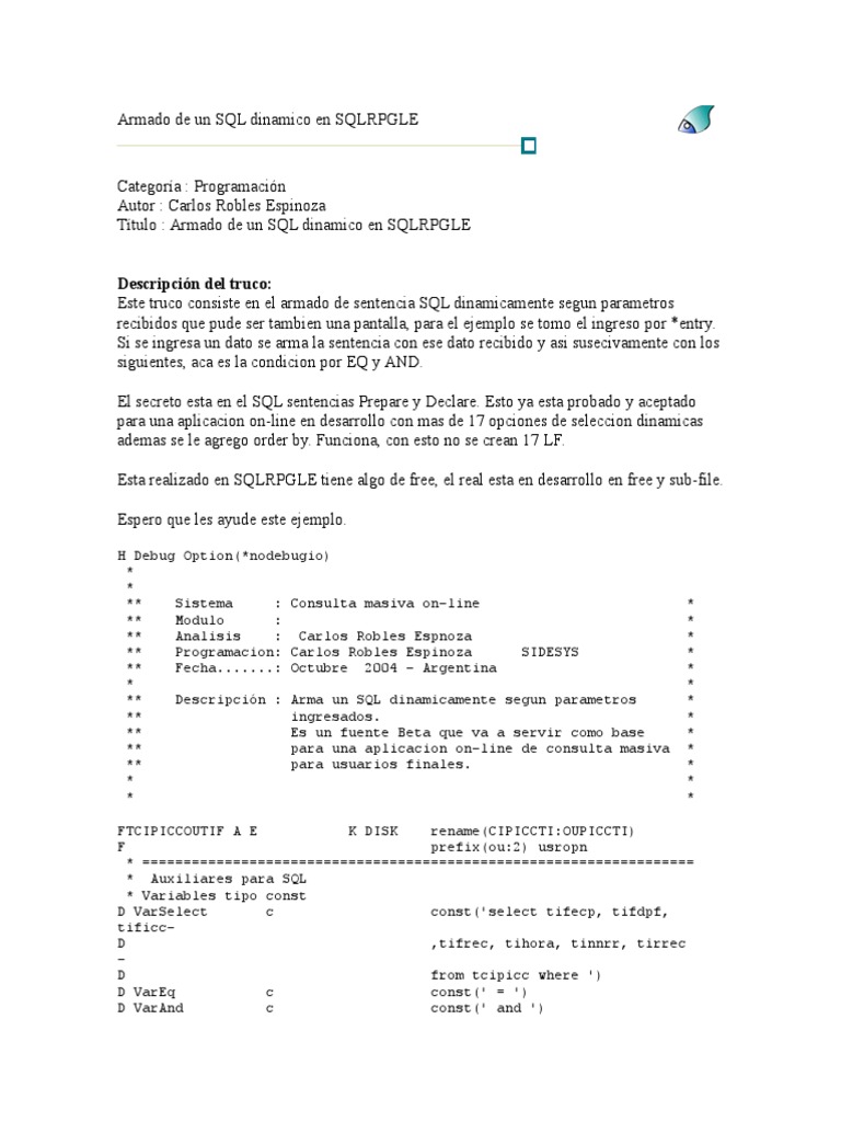 Armado de Un SQL Dinamico en SQLRPGLE | PDF