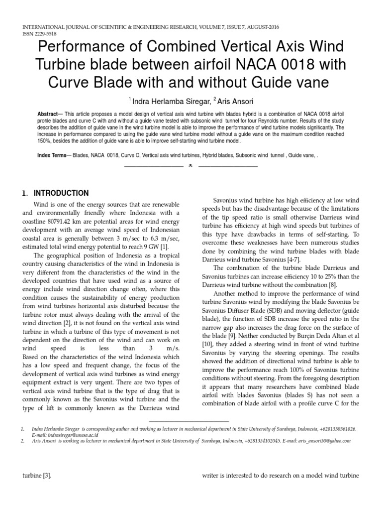 Performance of Combined Vertical Axis Wind Turbine Blade Between ...