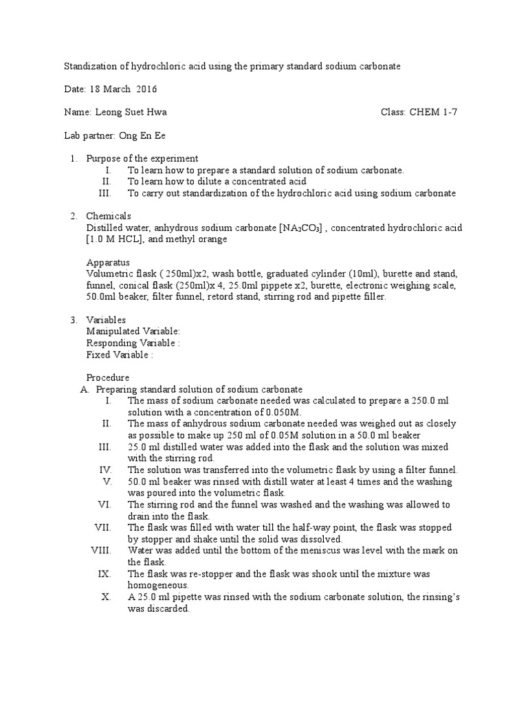 HCl Standardization Using Na2CO3 | PDF | Hydrochloric Acid | Chemical ...