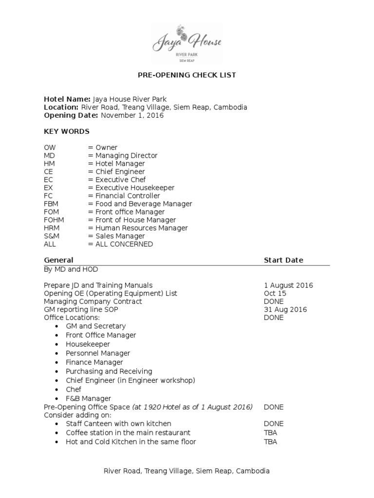 Hotel Pre-Opening Checklist for Jaya House | PDF | Menu | Foodservice