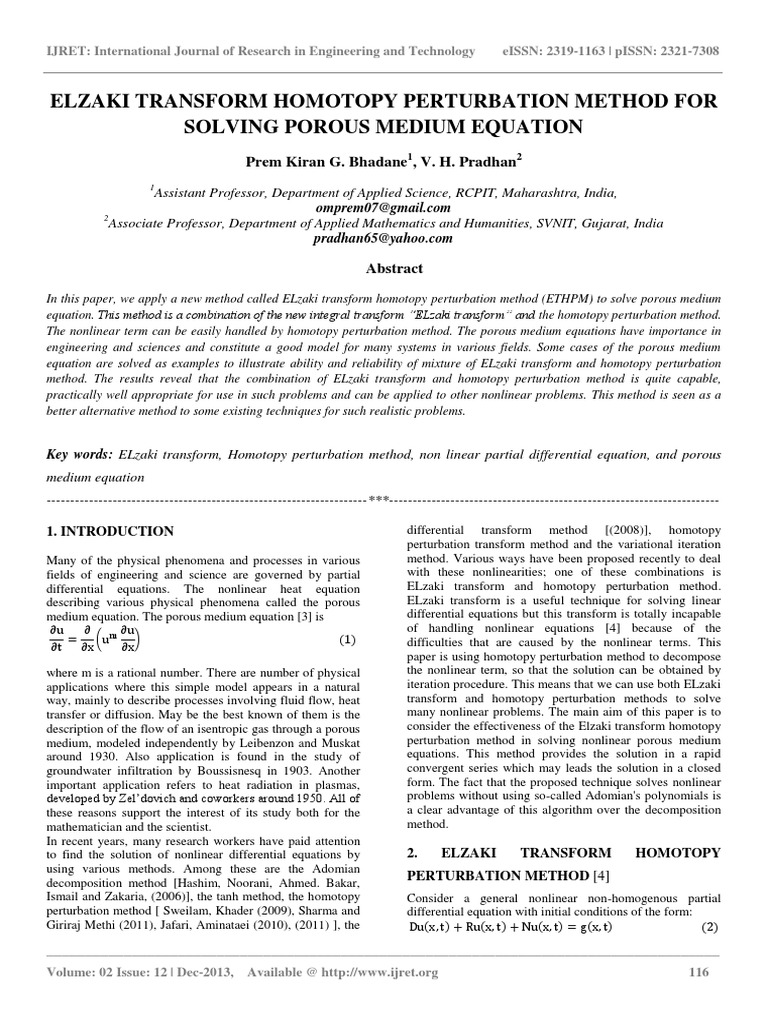 Elzaki Transform Homotopy Perturbation Method For Solving Porous Medium Equation Pdf