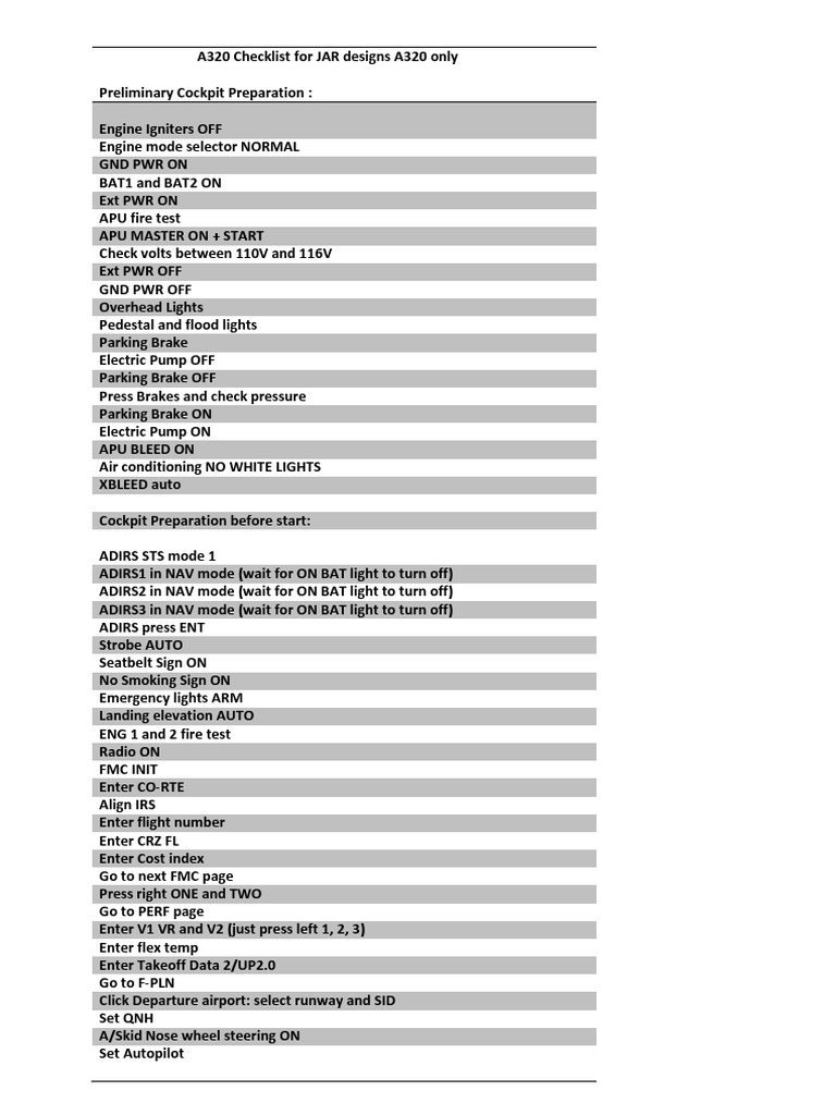 a320 checklist | Takeoff | Aeronautics