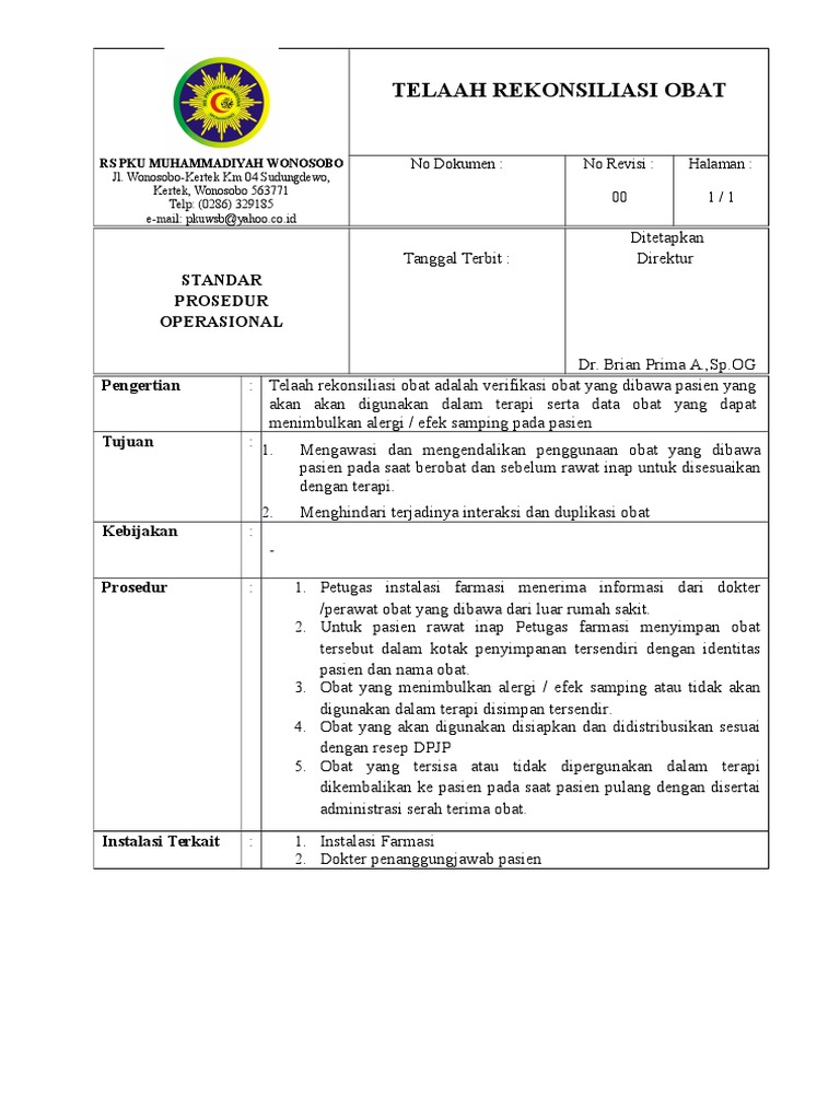 Sop Telaah Rekonsiliasi Obat | PDF