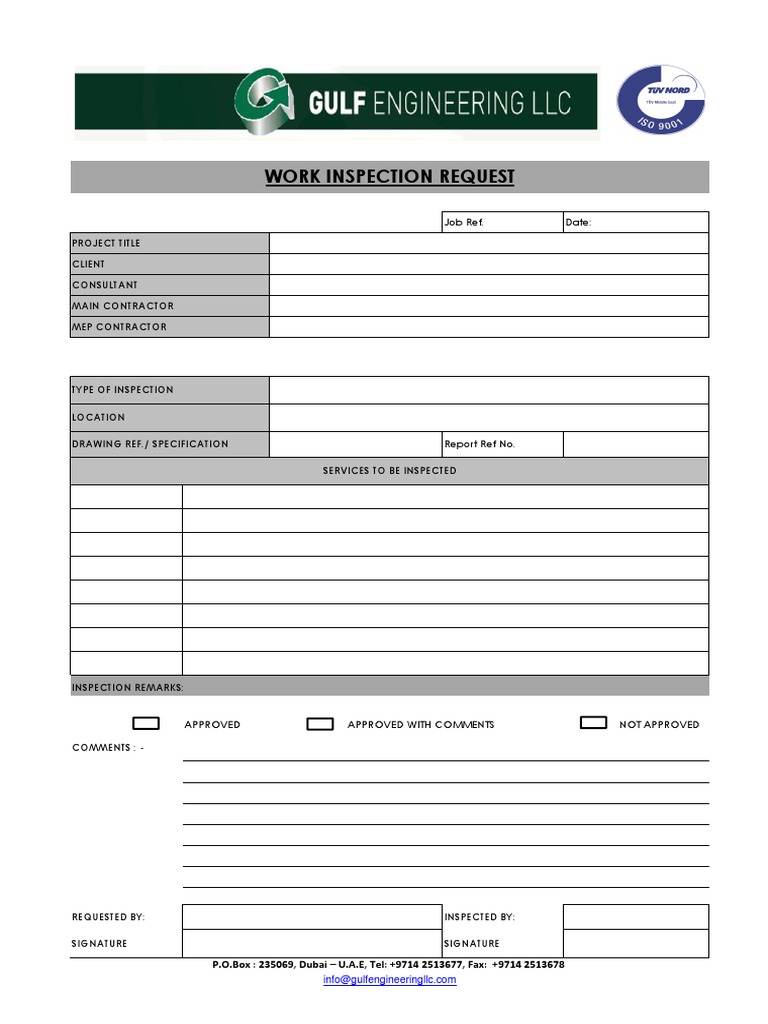 Work Inspection Request: P.O.Box: 235069, Dubai - U.A.E, Tel: +9714 ...