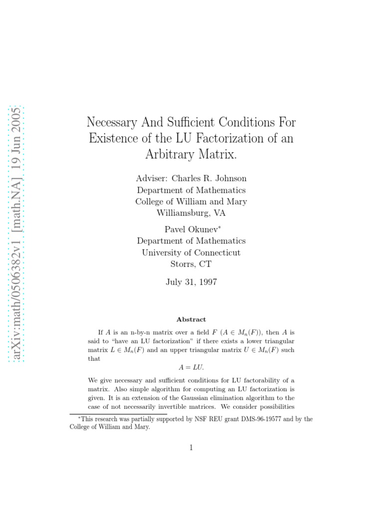 Necessary And Sufficient Conditions For Existence Of The Lu Factorization Of An Arbitrary Matrix