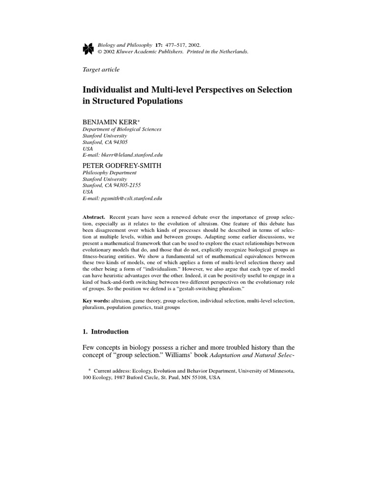 Individualist and Multi-Level Perspectives On Selection in Structured Populations | PDF ...