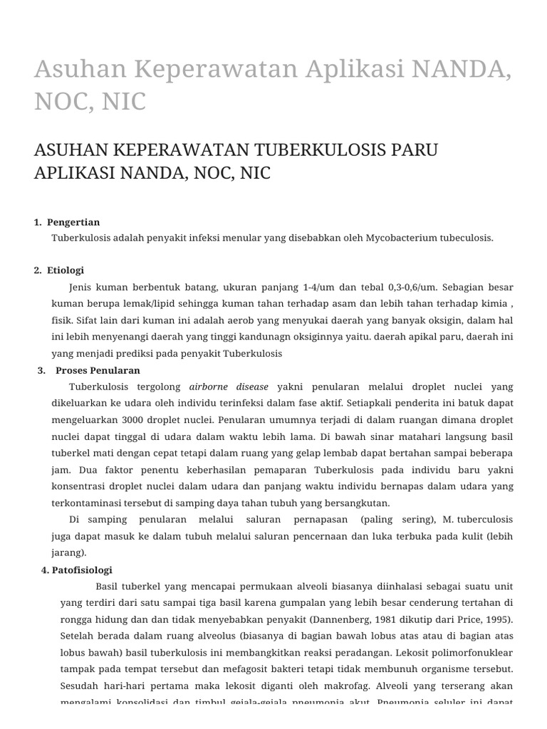 Asuhan Keperawatan Aplikasi Nanda, Noc, Nic: Asuhan Keperawatan Tuberkulosis Paru Aplikasi Nanda ...