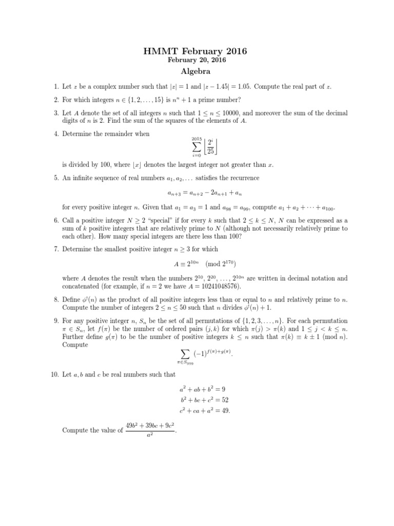 Hmmt February 2016 Algebra Pdf